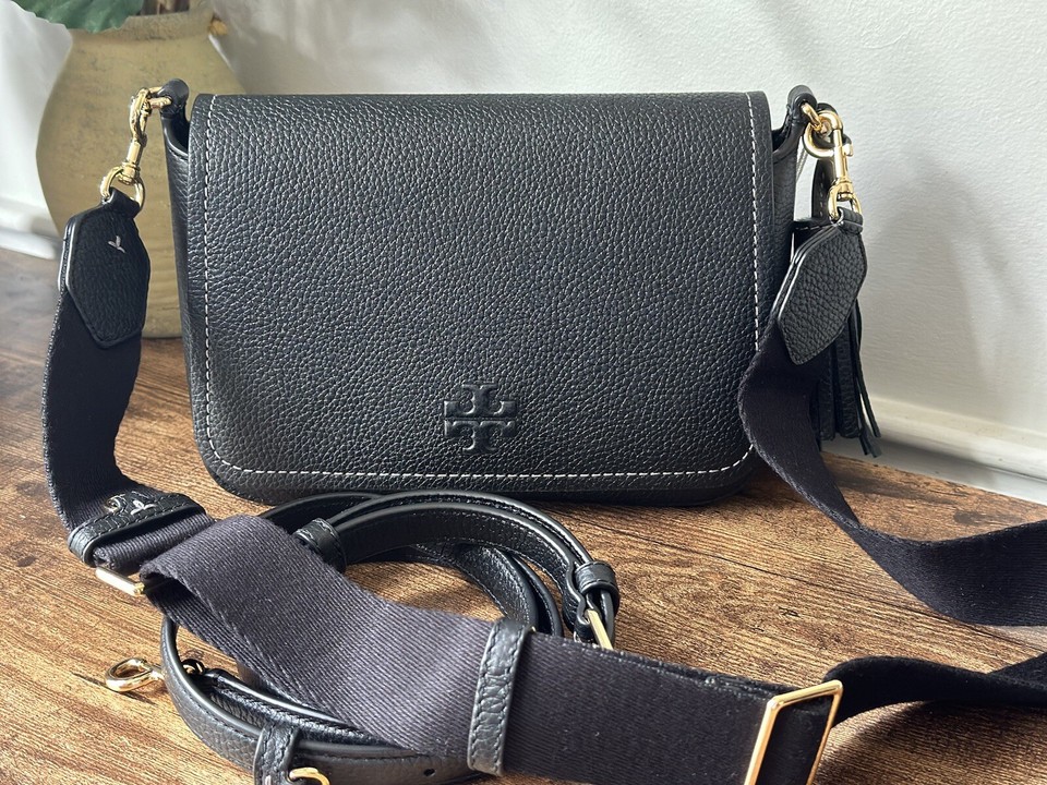 Tory Burch Thea Black Pebbled Leather Flap Crossbody Shoulder Bag Purse ...