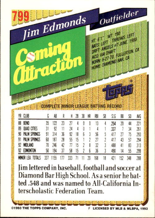Jim Edmonds 1993 Topps #799 California Angels | eBay