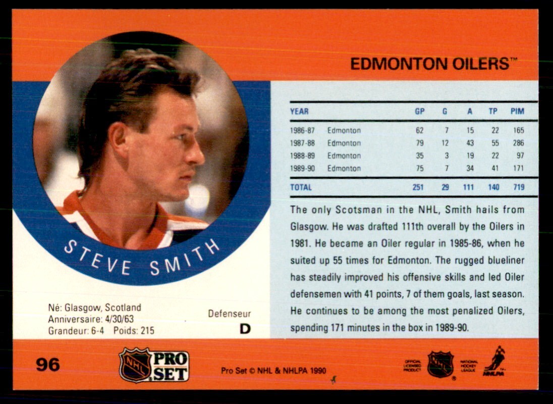 Steve Smith 1990-91 Pro Set #96 Edmonton Oilers | eBay