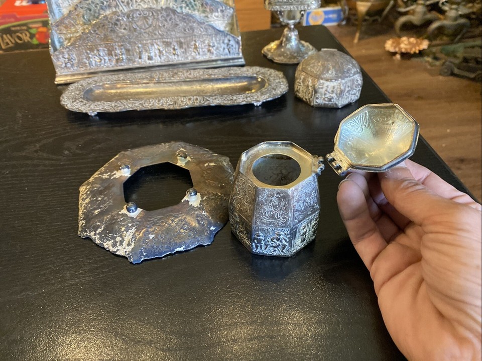 Antique Silver Plated Writing Desk Set, Letter Holder Pen Tray Inkwell ...