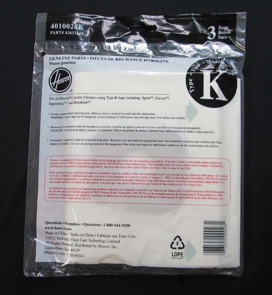 Hoover ~ Type K Vacuum Bags ~ GENUINE HOOVER ~ 3 Bags ~ 4010028K ...