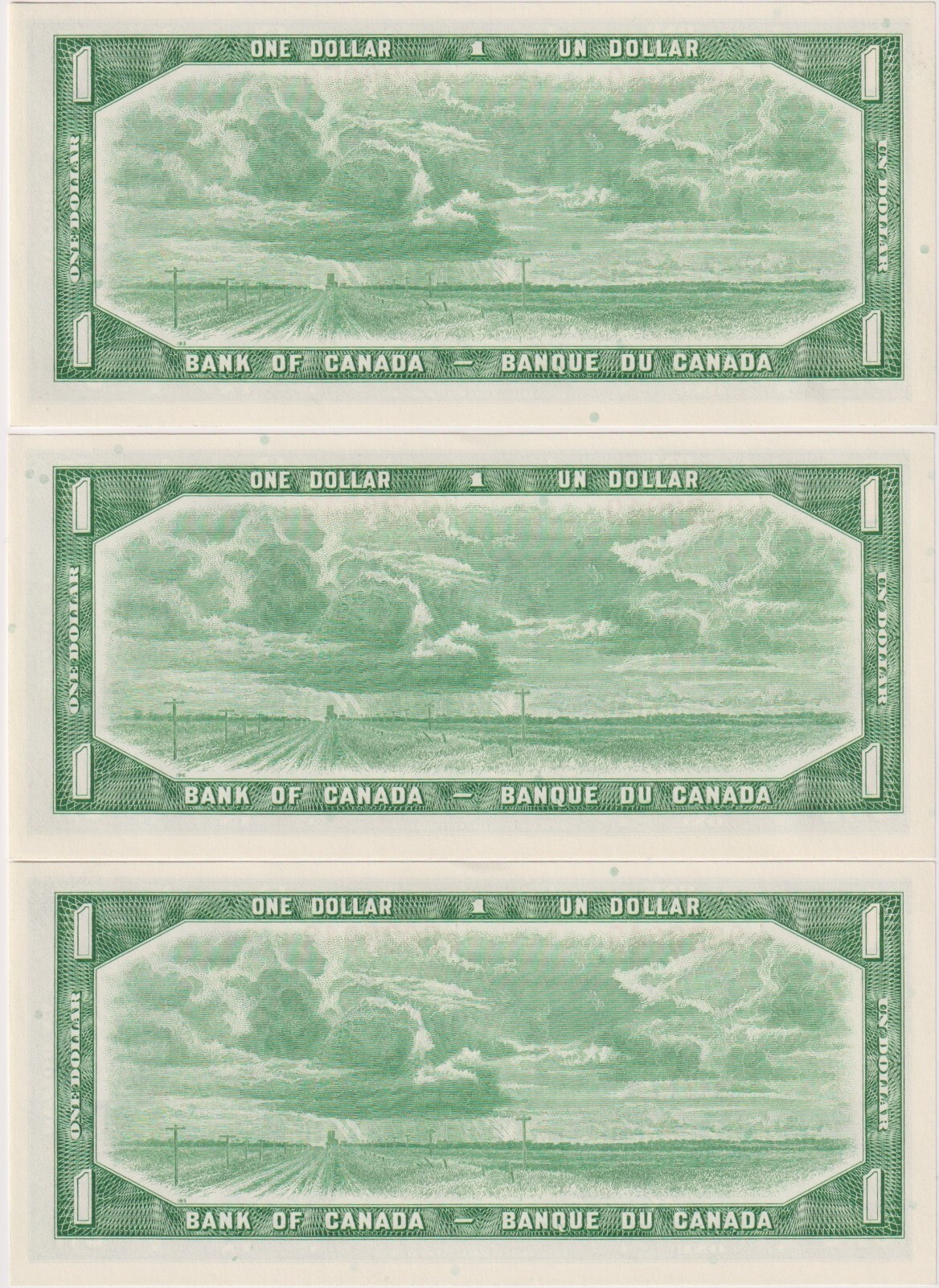 3 Consecutive 1954 $1 Canada Bank Notes Bouey/Rasminsky L/F Prefix inv ...