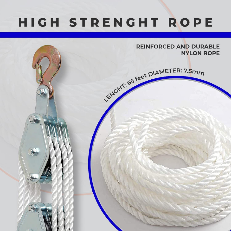 4000LB Poly Rope Hoist Pulley Block and Tackle Rope with 7:1 Lifting ...