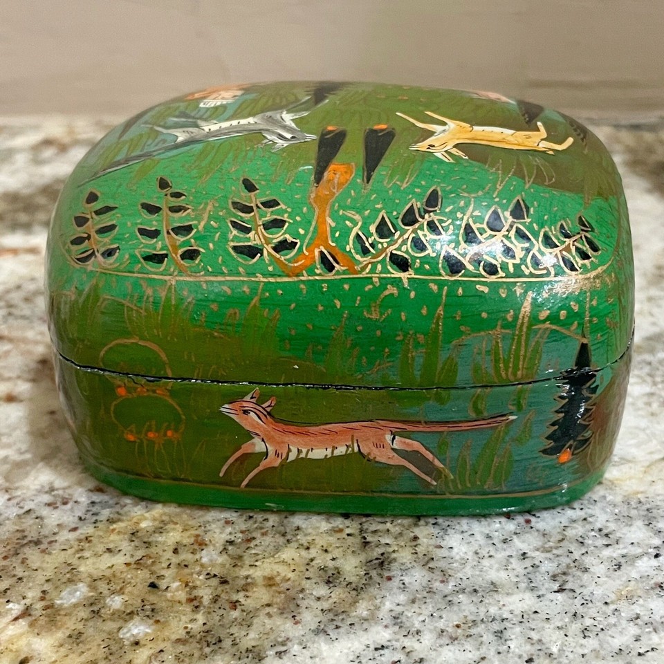 Vintage Wooden Hand Painted Indian Trinket Box, Forest with Woodland ...