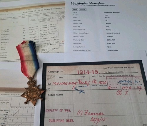 WW1 1915 Star Medal, Pte Monaghan, 11th Scottish Rifles, Paisley ...