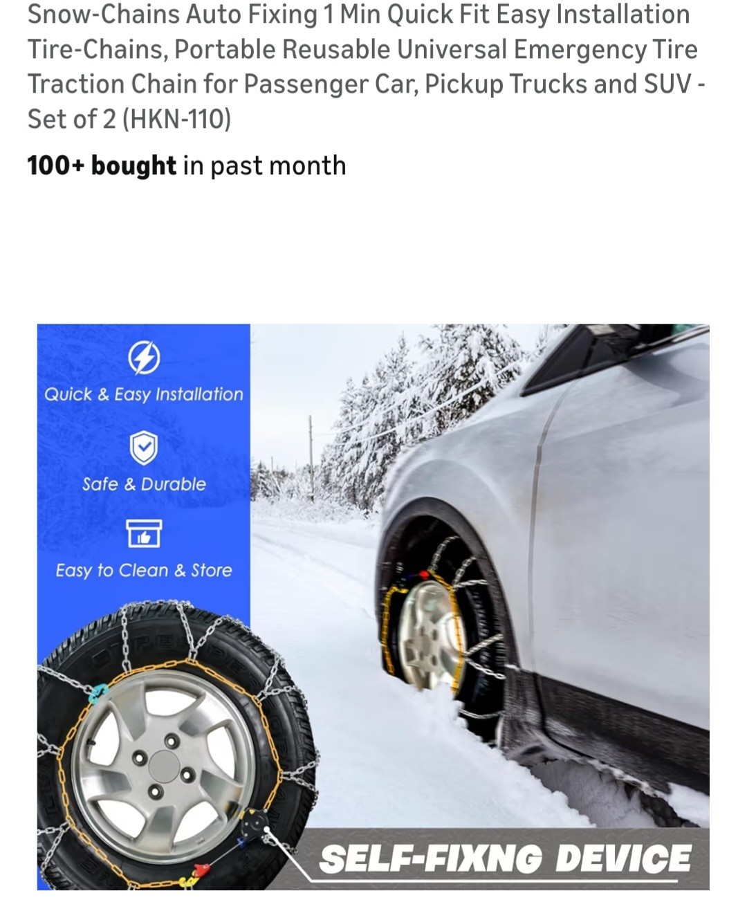 Snow-Chains Auto, 1 Min Quick Easy Installation Tire-Chains- Set of 2 ...