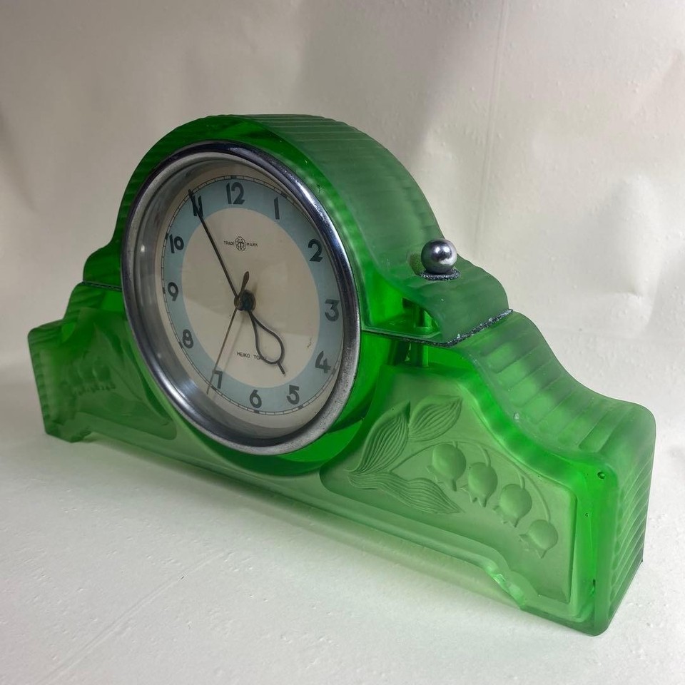 Meiko Tokei Green Glass Table Clock Art Deco Mechanical Vintage Working ...