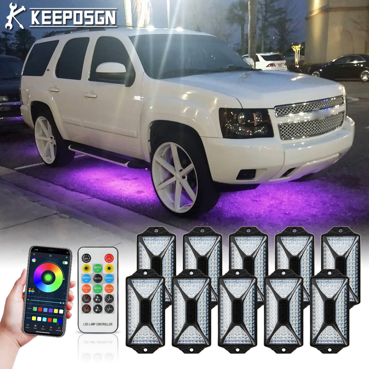 10 Pods RGB Neon + IC Underglow Rock Lights For Chevy Tahoe Silverado ...