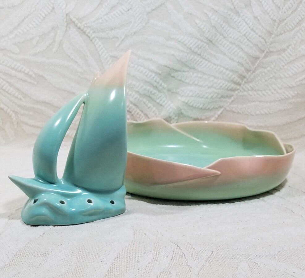 FLOWER FROG SAILBOAT & DISH HALDEMAN CALIENTE CALIFORNIA POTTERY AQUA ...
