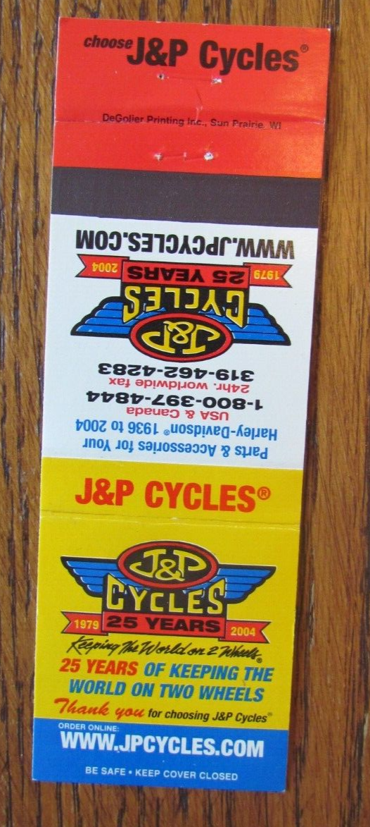 MOTORCYCLE MATCHBOOK COVER: J&P CYCLES ANAMOSA, IOWA EMPTY MATCHCOVER ...