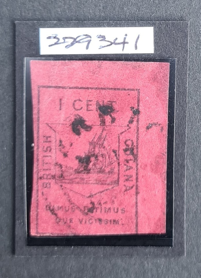 1852 British Guiana Waterlow 1c Sailing Ship Design Black on Magenta ...