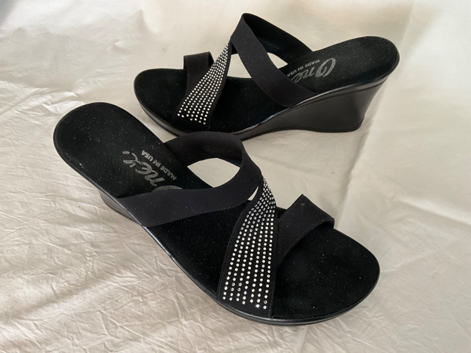 ONEX BLACK STRETCH SANDALS SIZE 10 MULE WEDGE HEEL SPARKLES | eBay