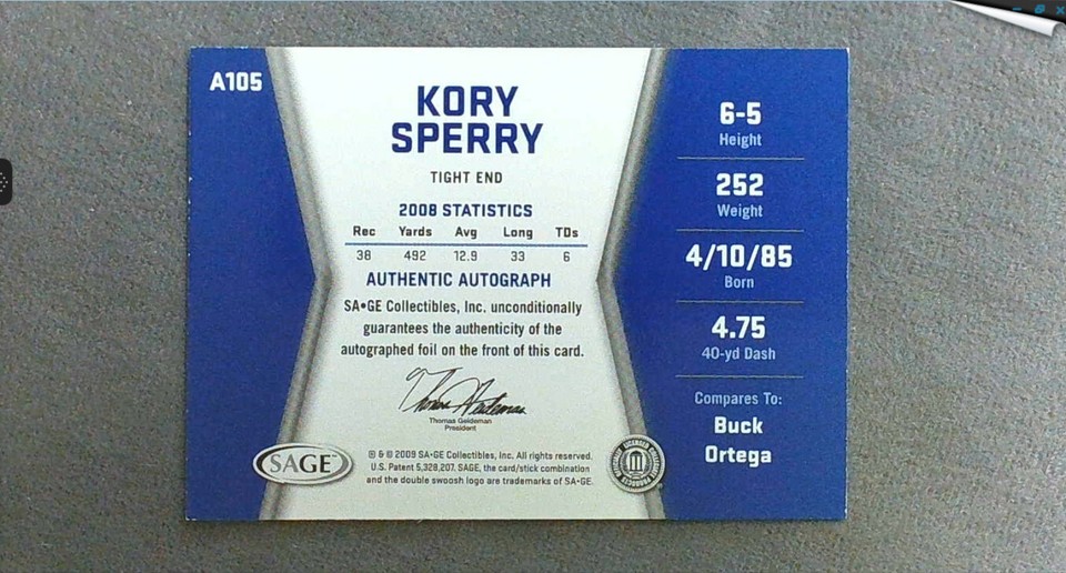 2009 Sage Hit Silver Autograph #A105 Kory Sperry | eBay
