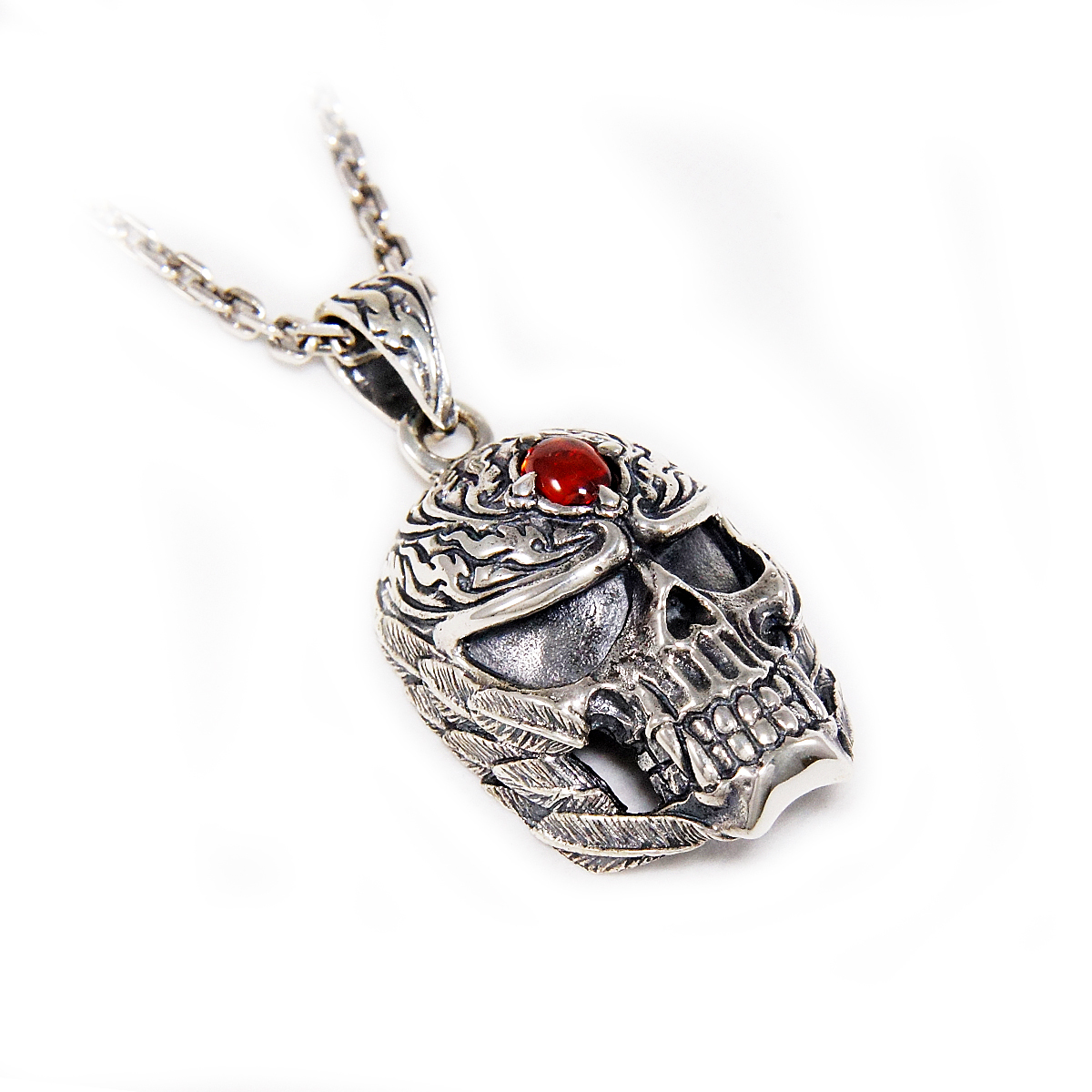 RED STONE DEMON SKULL 925 STERLING SILVER GOTHIC BIKER ROCKABILLY ...