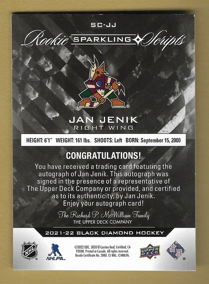 JAN JENIK 2021-22 UD BLACK DIAMOND ROOKIE RC AUTOGRAPH AUTO #SC-JJ NHL ...