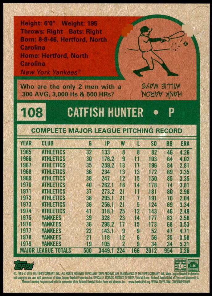 Catfish Hunter 2019 Topps Archives 5x7 #108 /49 Yankees | eBay