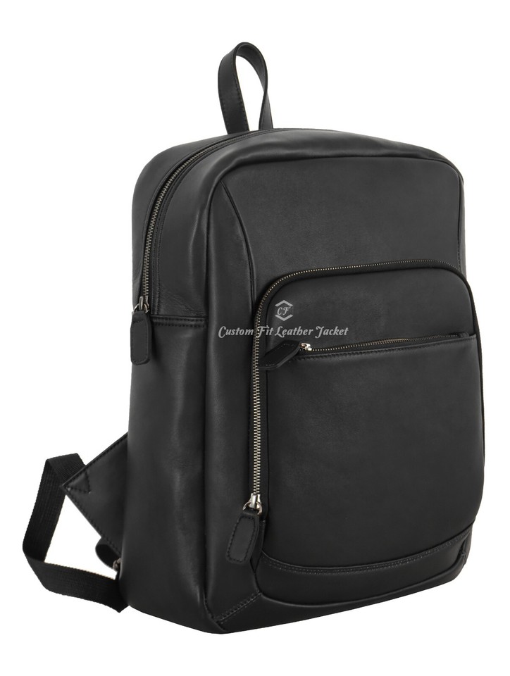 Unisex Lambskin Real Leather Backpack Black Rucksack Laptop School ...