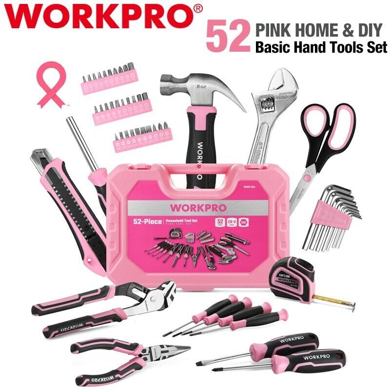 WORKPRO 52-Pieces Pink Tools Set Basic Tool Household Tool Kit w ...