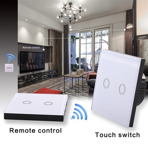 433Mhz 1/2/3 Gang Glass Panel LED Wall Light Touch Switch EU/UK Plug+RF ...