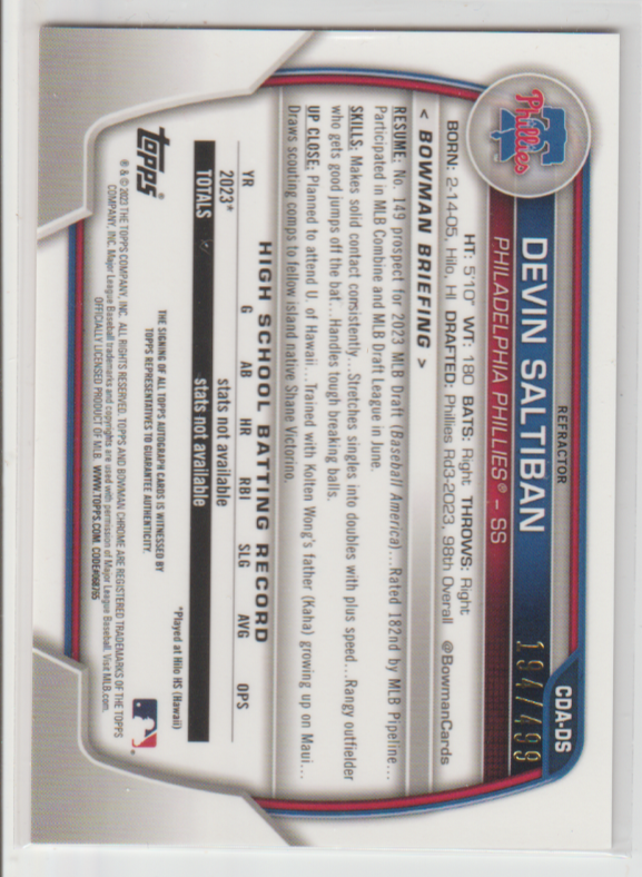 2023 Bowman Draft Devin Saltiban Chrome Prospect Auto Refractor 1st ...