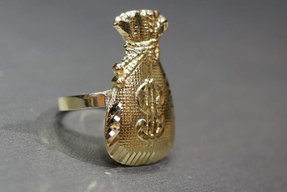 10K Solid Yellow Gold Diamond Cut Money Bag Dollar Sign Ring. Men Women ...