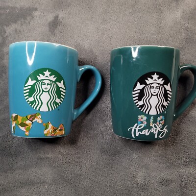 Set Of Two Starbucks Floral Dogs Collie Great Dane Glowers Mugs Coffee ...