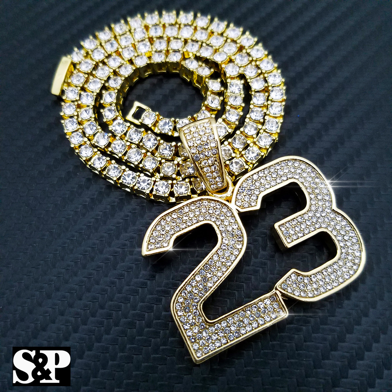 Hip Hop Number 23 Pendant & 18" Full Iced 1 ROW DIAMOND Tennis Choker ...