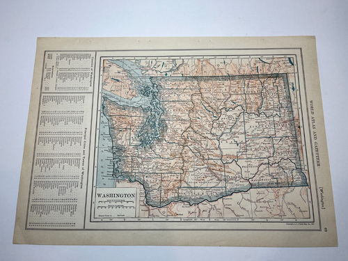 1921 Washington State Map 10 1/2" x15" fm 1924 New World Atlas SEE ...