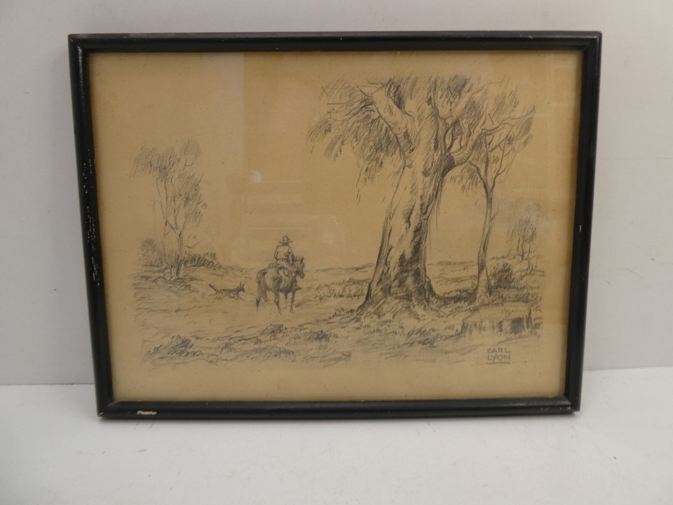 CARL LYON AUSTRALIA CARTOON ARTIST SIGNED DRAWING SHEEP DROVER & DOG ...