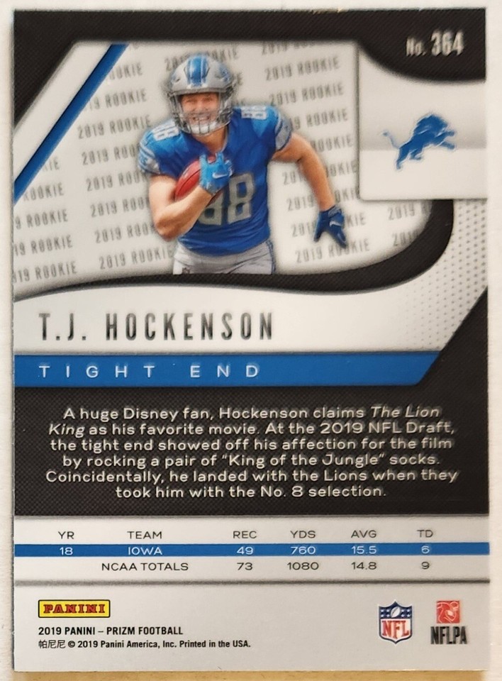 2019 Panini Prizm T.J. TJ Hockenson Rookie Card RC #364 Detroit Lions ...