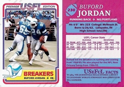 Buford Jordan 1984 Custom USFL Card New Orleans Breakers Saints | eBay