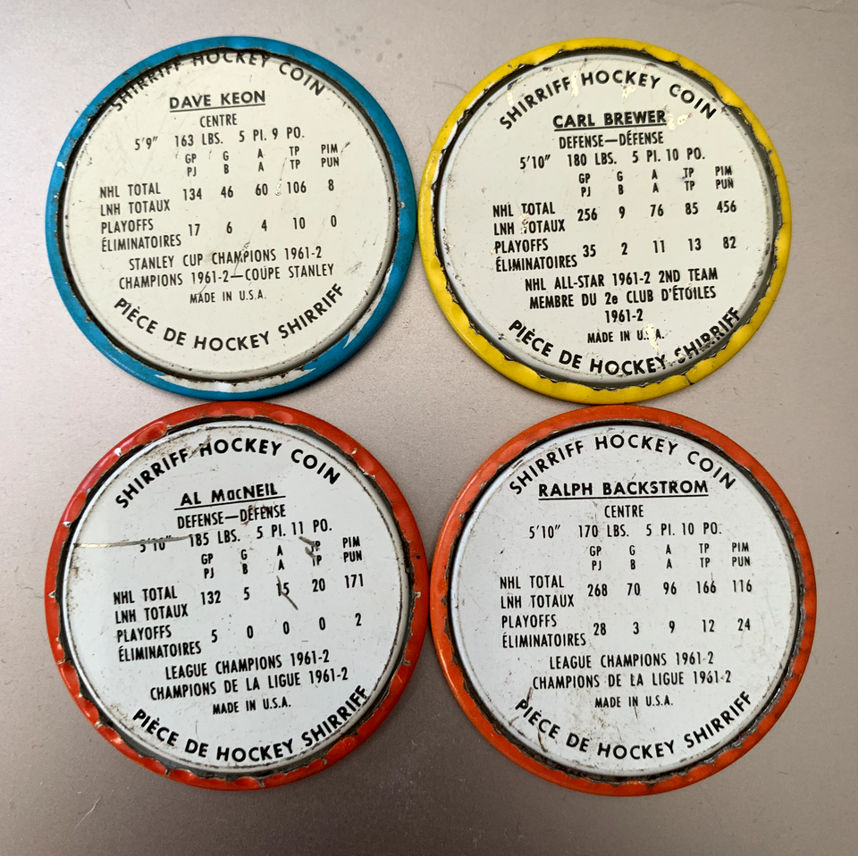 Lot of 4 1961-62 Shirriff hockey coins - Keon, Brewer, Backstrom ...