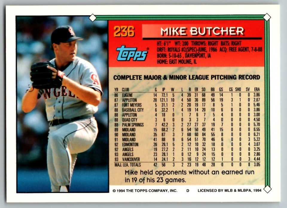 1994 TOPPS MIKE BUTCHER CALIFORNIA ANGELS #236 | eBay