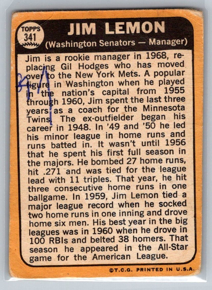 1968 Topps #341 Jim Lemon Manager - blue pen mark on back SENATORS | eBay
