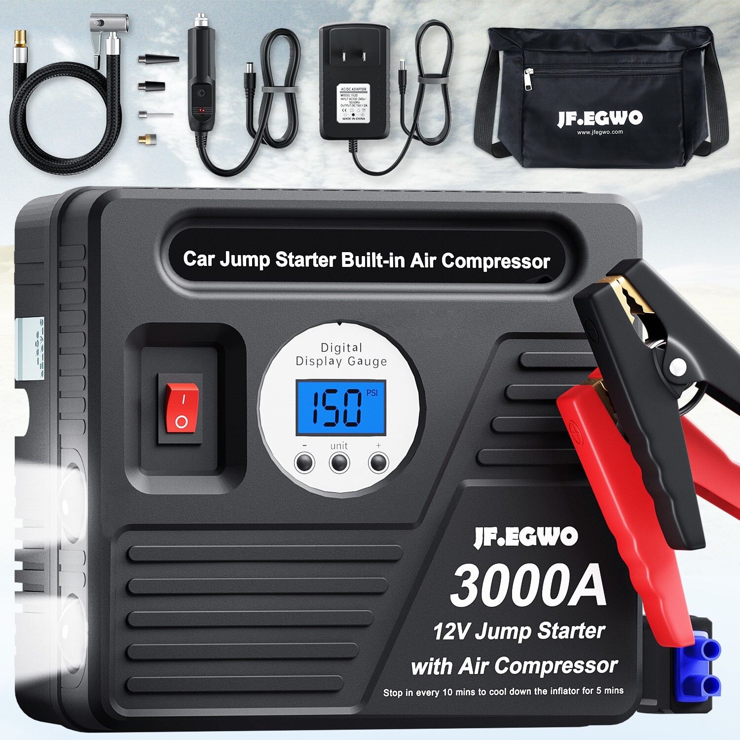 JF.EGWO 3000A Jump Starter Portable 150PSI Air Compressor Charger ...