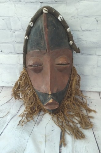Vintage Hand Carved Wooden African Mask Rope Beard Cowrie Shells Tribal ...