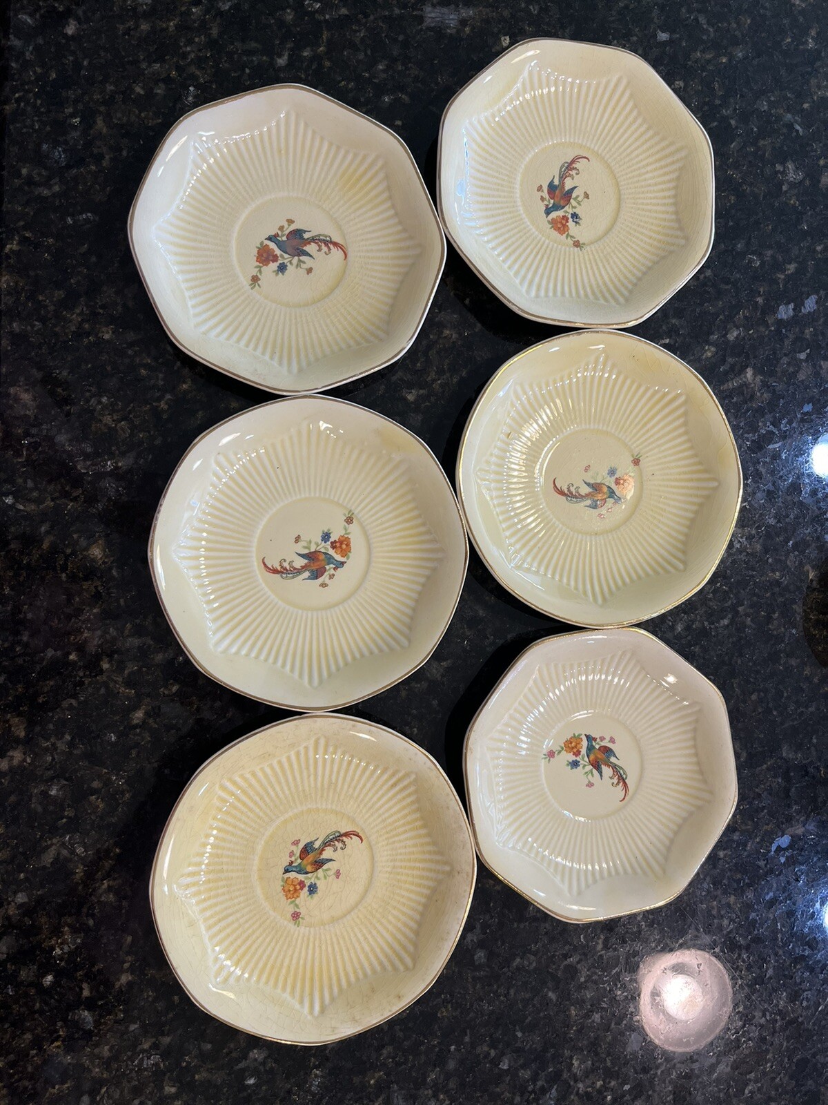 Dinner Plates Cups Saucers Yellow Bird of Paradise Set 18 Antique Ivory ...