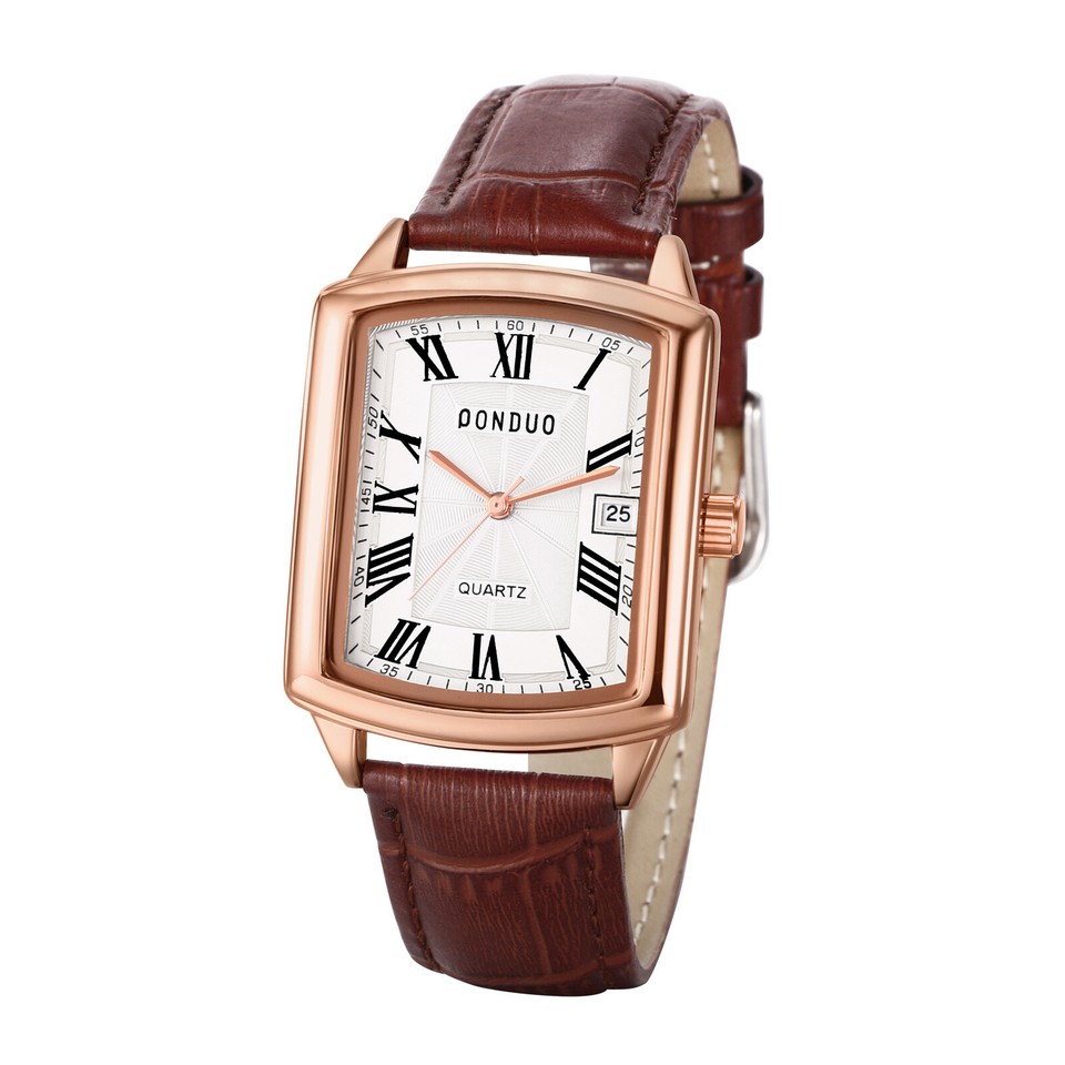 Men's Classic Roman Numerals Rectangle Dial Leather Strap Quartz Wrist ...