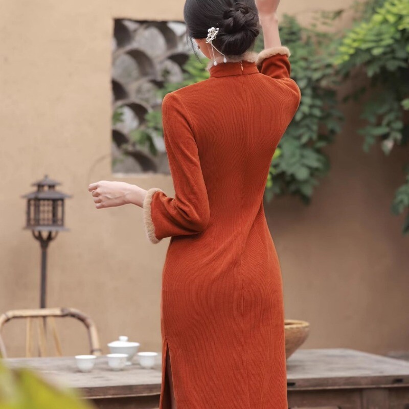 Women Chinese Cheongsam Dress Side Slit Faux Fur Trim Thick Long Sleeve ...