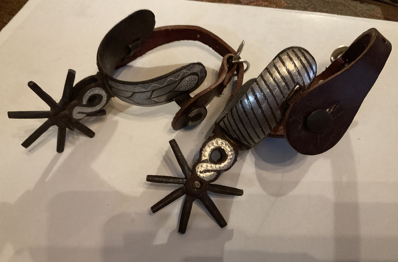 Antique Spanish Hand Forged Spurs Sterling Silver Overlay With Leather ...