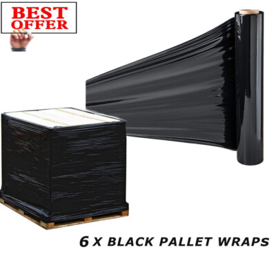 6 X STRONG ROLLS BLACK PALLET STRETCH SHRINK WRAP PARCEL PACKING CLING ...