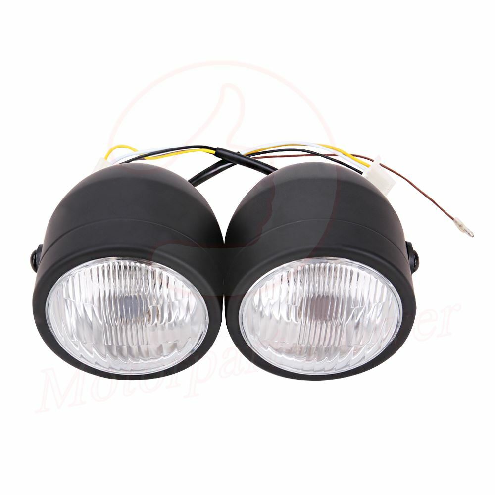 Universal Street Motorcycle Black Front Twin Headlight Double Dual Lamp ...