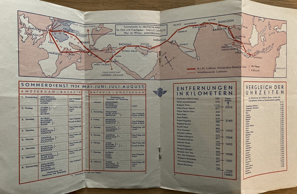 SUMMER 1934 KLM DUTCH AIRLINES TIMETABLE ROUTE MAP SEAT CHART FOKKER ...