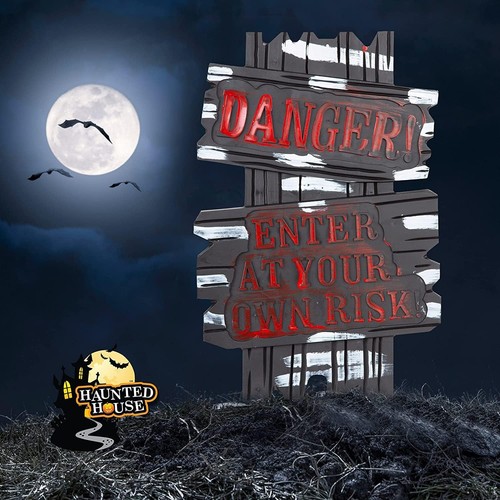 2 x Enter At Own Risk Halloween Danger Sign Garden 50cm Decoration With ...