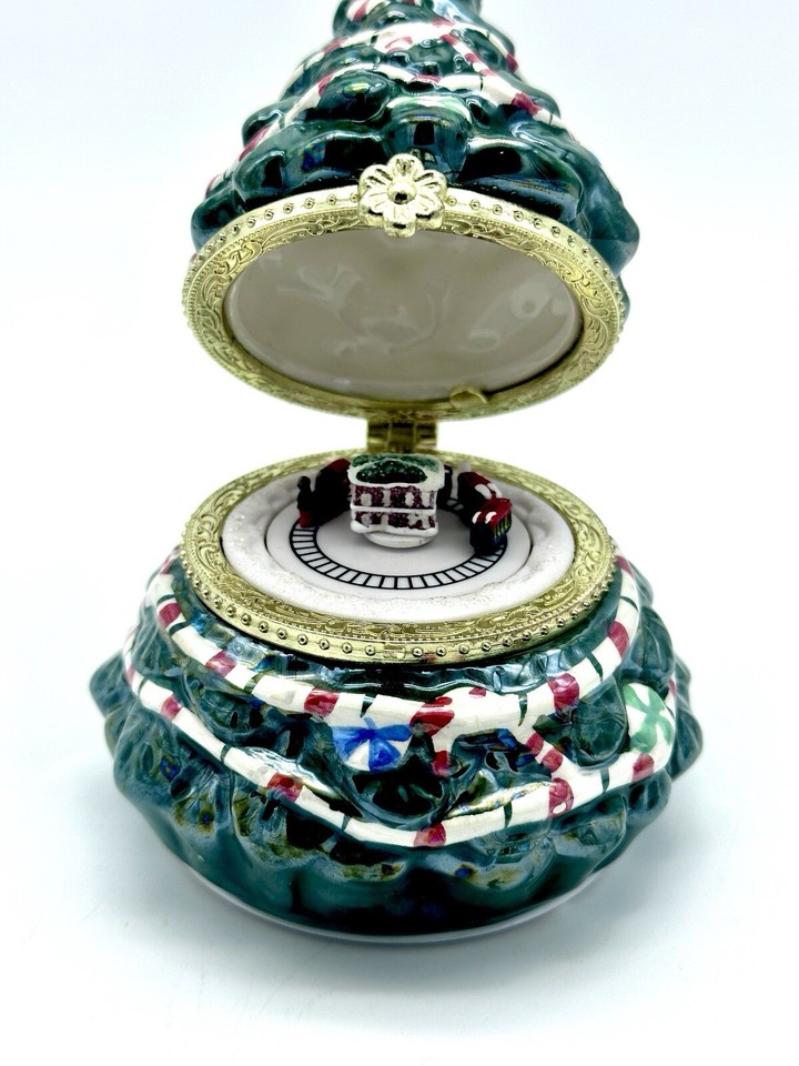 Christmas Tree Music Box Hinged With Rotating Train Set Porcelain ...