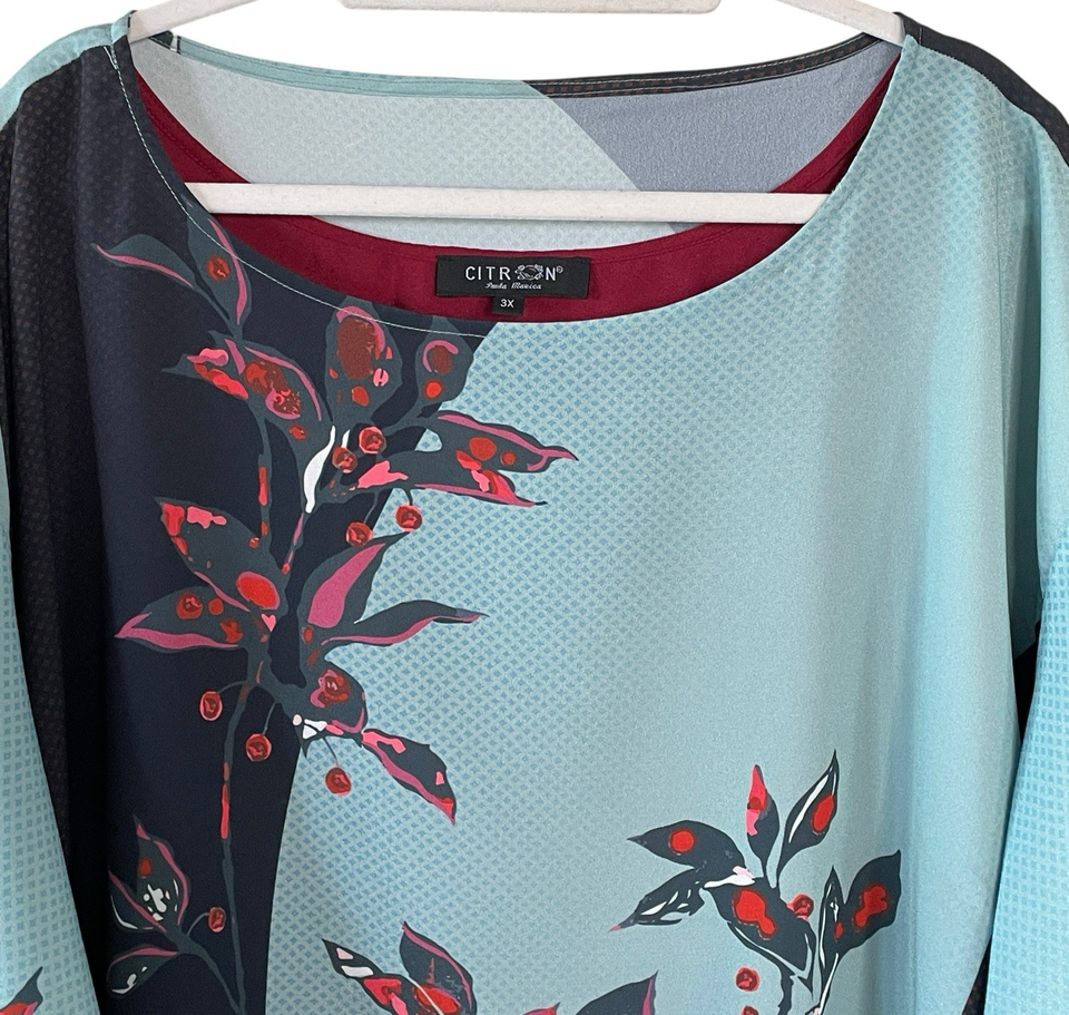 CITRON SANTA MONICA Women's Size 3XL Aqua Floral Pullover 3/4 Sleeve ...
