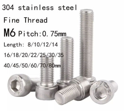 M6 0.75mm Pitch 304 Stainless Steel Knurled Fine Thread Hex Socket Cap ...