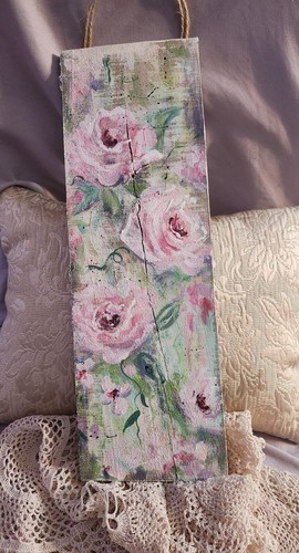 ORIGINAL Pink roses shabby chic acrylic painting on rustic rough wood ...