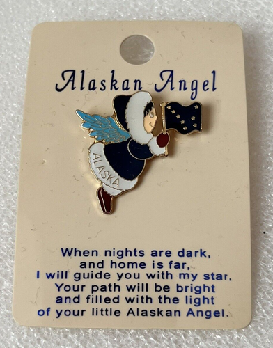 Alaska Eskimo Angel Holding Flag Pin Gold Tone Lapel Souvenir On Card ...