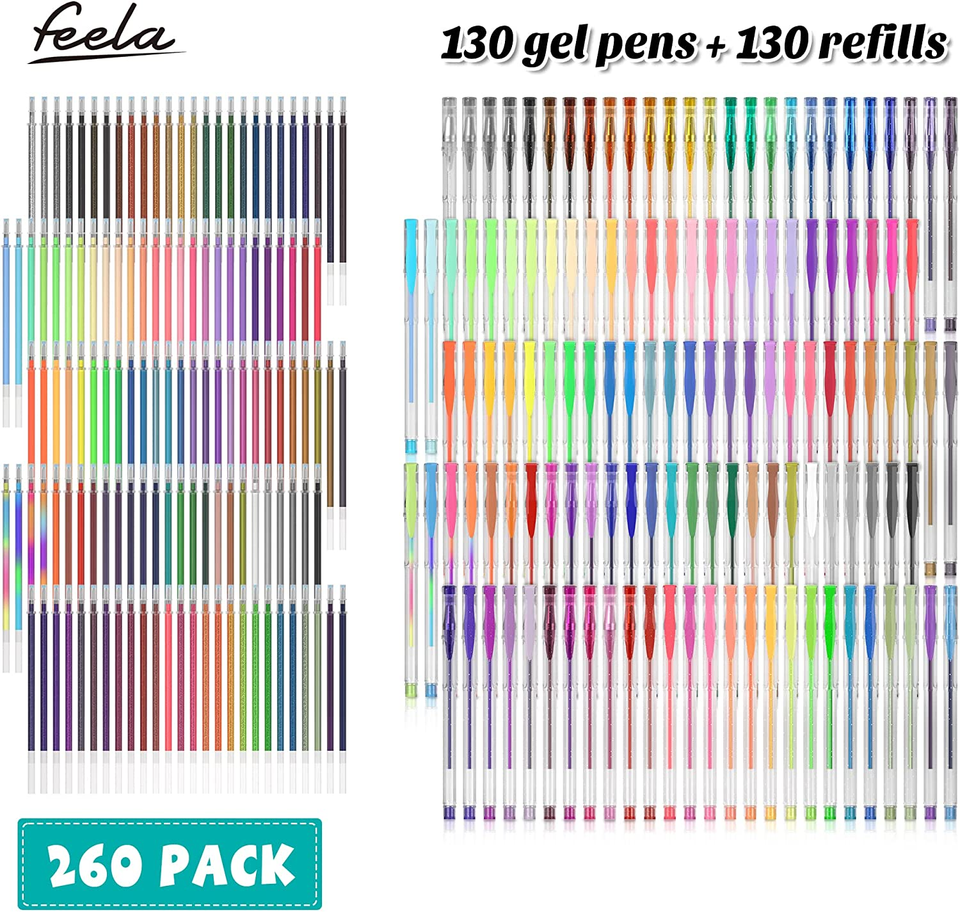 feela Gel Pens Set, 260 Pack 130 Colored Gel Pens Plus 130 Refills for ...